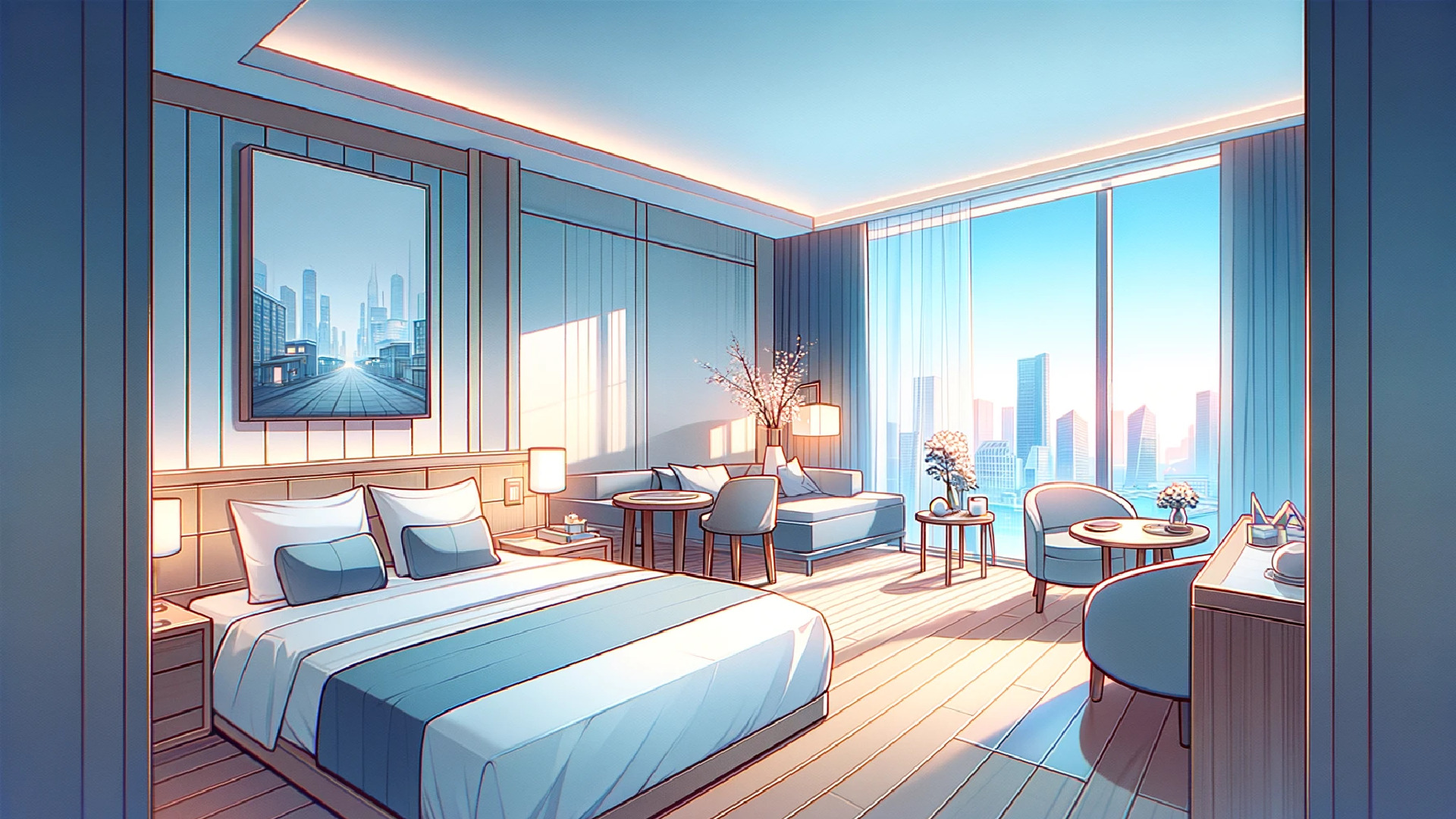 Anime style background illustration of a hotel room