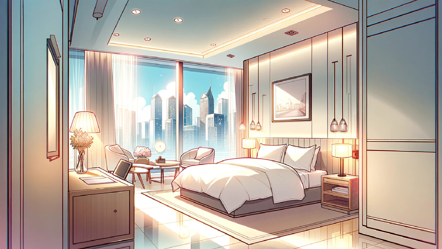 ホテルの一室のアニメ風の背景イラスト
